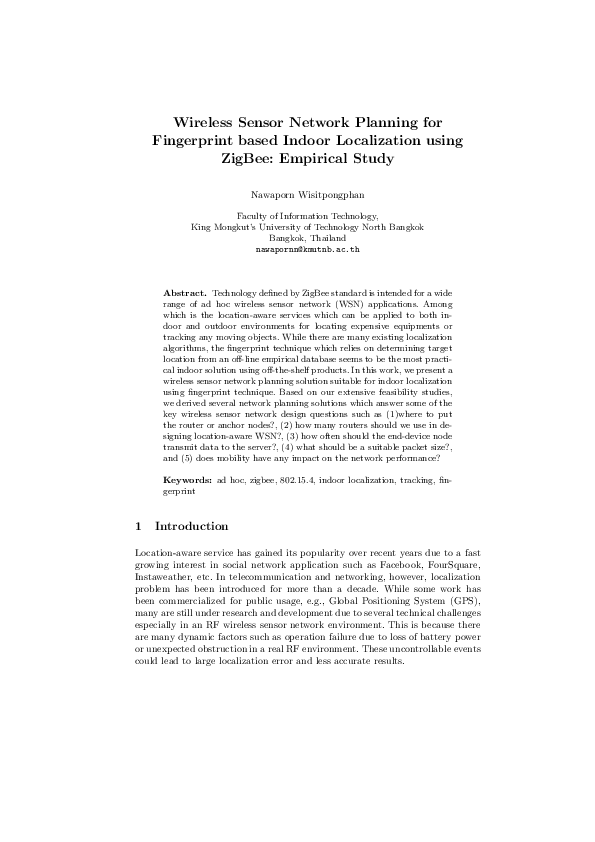 Pdf Wireless Sensor Network Planning For Fingerprint Based Indoor Localization Using Zigbee