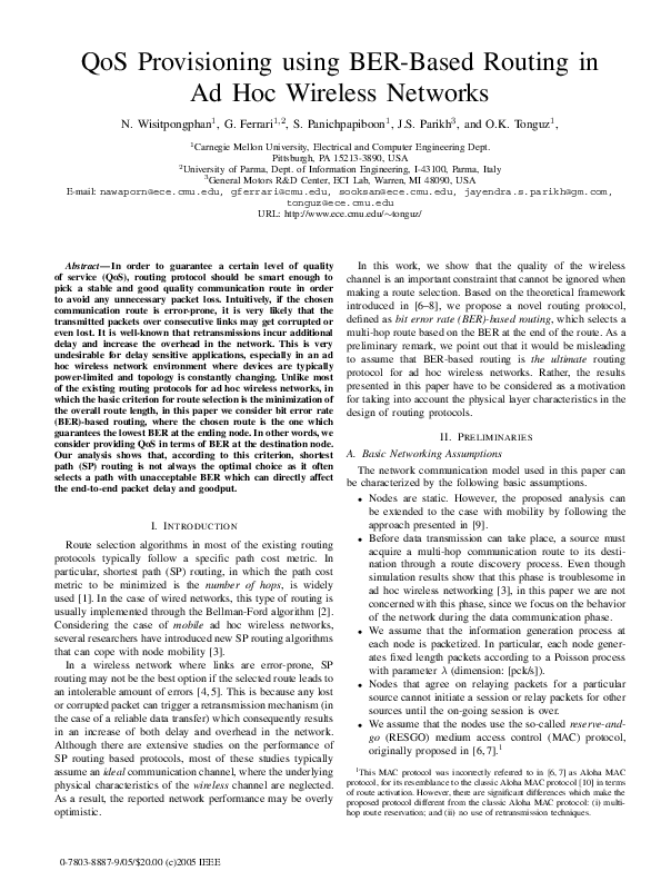 Pdf Qos Provisioning Using Ber Based Routing In Ad Hoc Wireless Networks