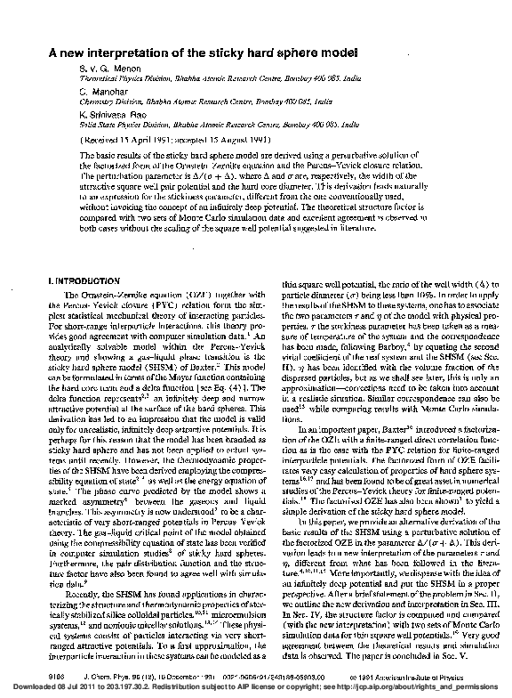 (PDF) A new interpretation of sticky hard sphere model