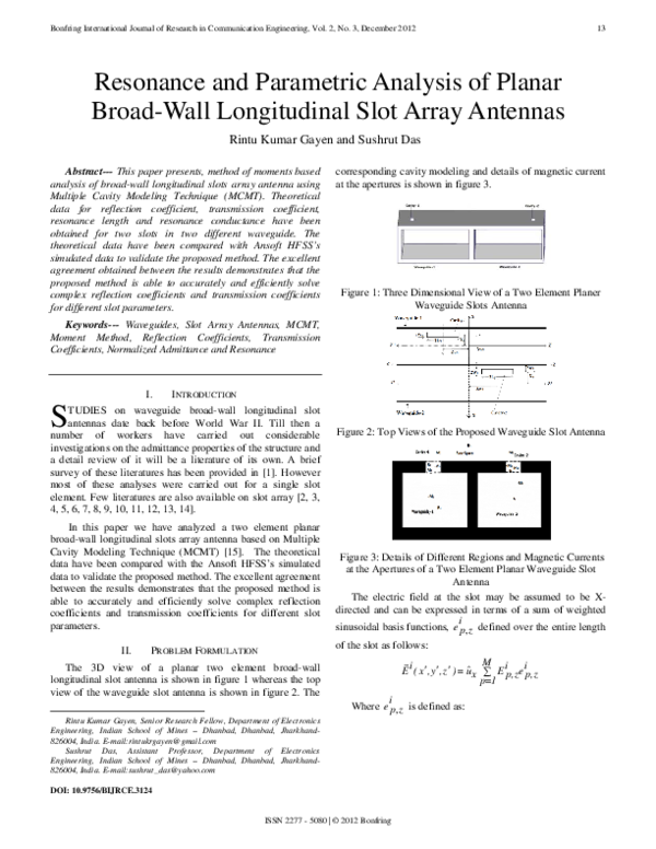 (PDF) Resonance and Parametric Analysis of Planar Broad-Wall Longitudinal Slot Array Antennas