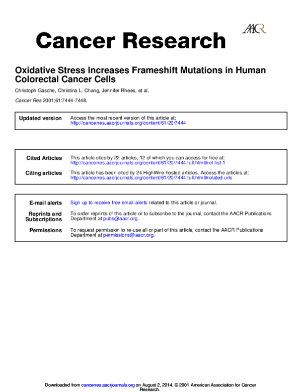(PDF) Oxidative Stress Increases Frameshift Mutations in Human Colorectal Cancer Cells1 | Ajay ...