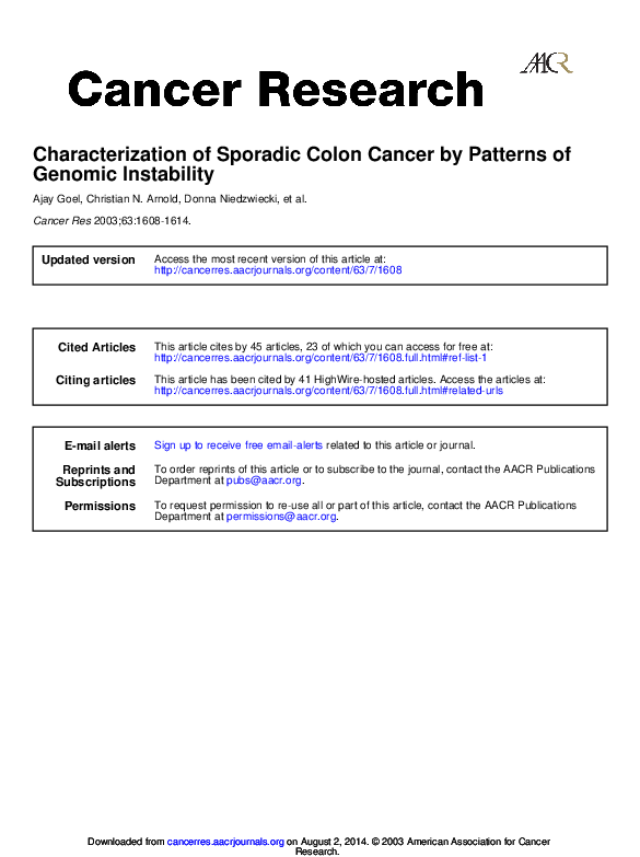(PDF) Characterization of Sporadic Colon Cancer by Patterns of Genomic ...