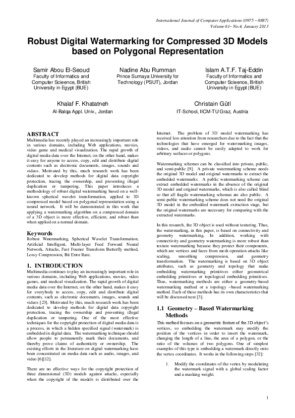 Pdf Robust Digital Watermarking For Compressed 3d Models Based On Polygonal Representation