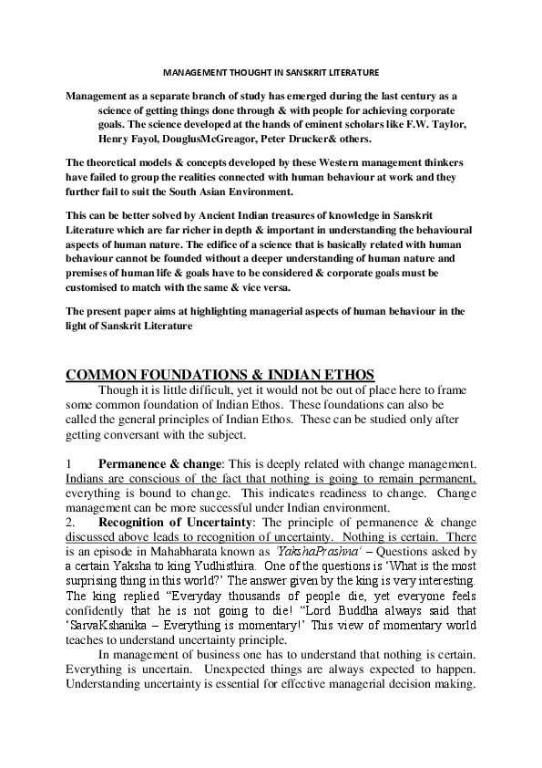 (DOC) MANAGEMENT THOUGHT IN SANSKRIT LITERATURE | Uma Joshi-Bodas ...