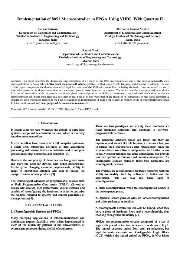 (PDF) Implementation of 8051 Microcontroller in FPGA Using VHDL with Quartus II