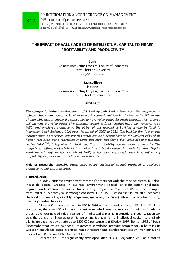 (PDF) The Impact of Value Added of Intellectual Capital to Firms’ Profitability and Productivity