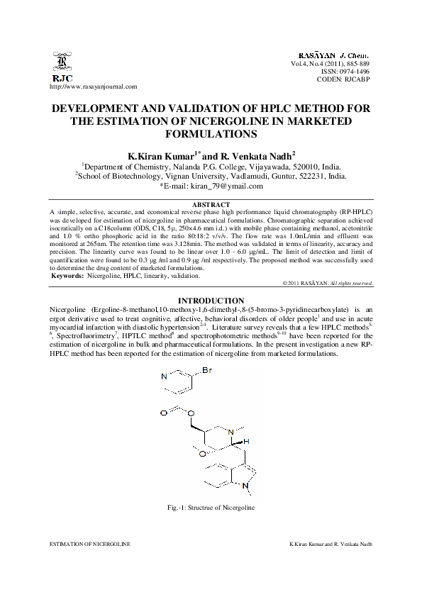 (PDF) CODEN: RJCABP DEVELOPMENT AND VALIDATION OF HPLC METHOD FOR THE ESTIMATION OF NICERGOLINE ...