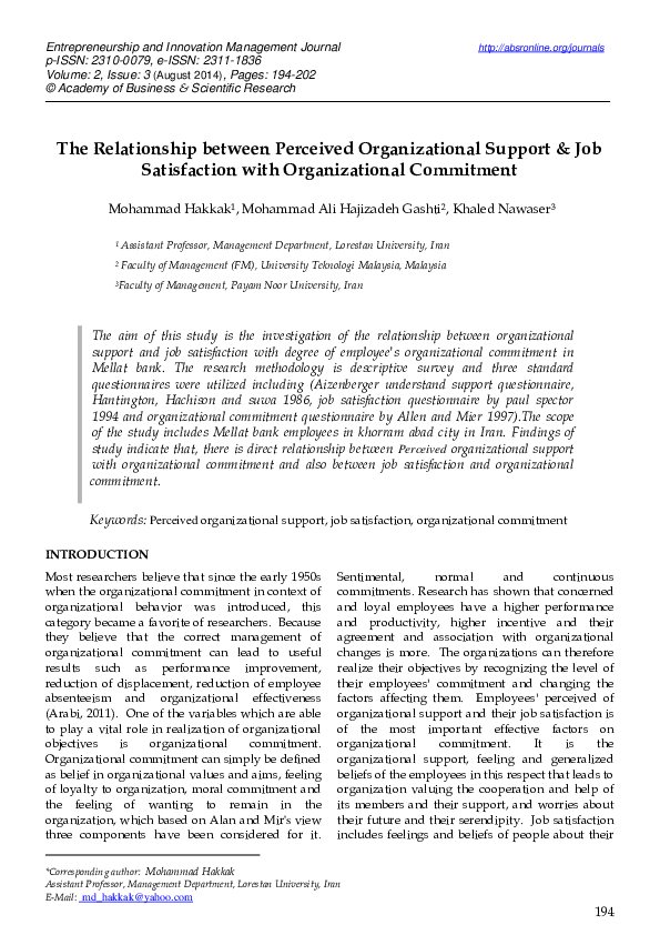(PDF) The Relationship between Perceived Organizational Support & Job Satisfaction with ...