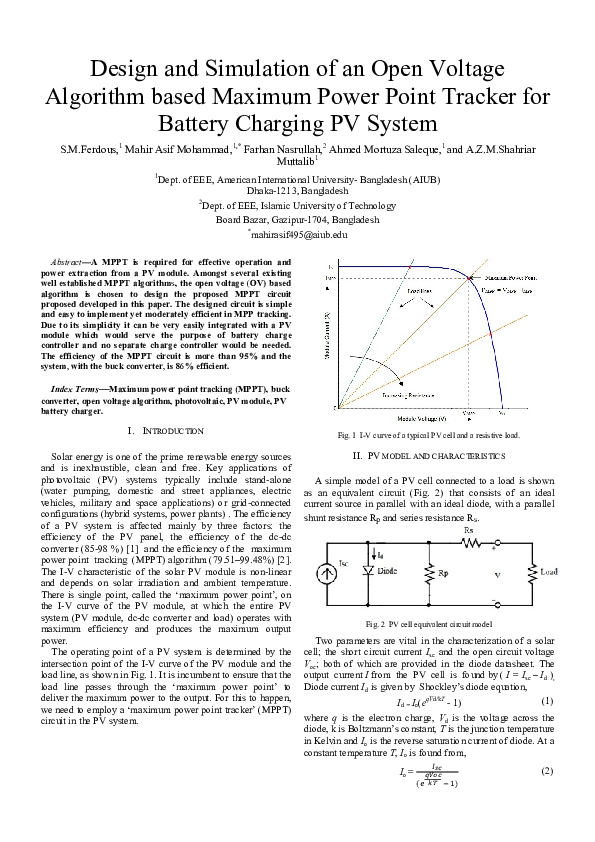Pdf Design And Simulation Of An Open Voltage Algorithm Based Maximum Power Point Tracker For 