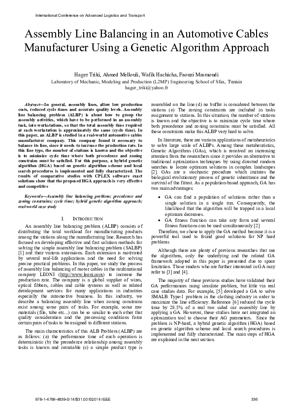 Pdf Assembly Line Balancing In An Automotive Cables Manufacturer Using A Genetic Algorithm