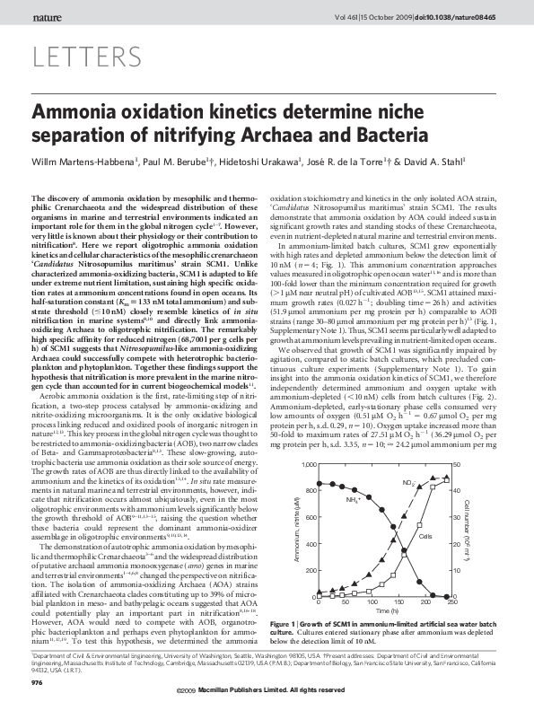 (PDF) Ammonia oxidation kinetics determine niche separation of ...