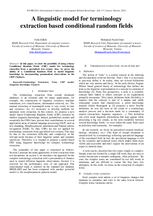 Pdf A Linguistic Model For Terminology Extraction Based Conditional Random Fields Mohamed 