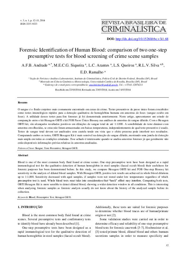 (PDF) Forensic Identification of Human Blood: comparison of two one ...