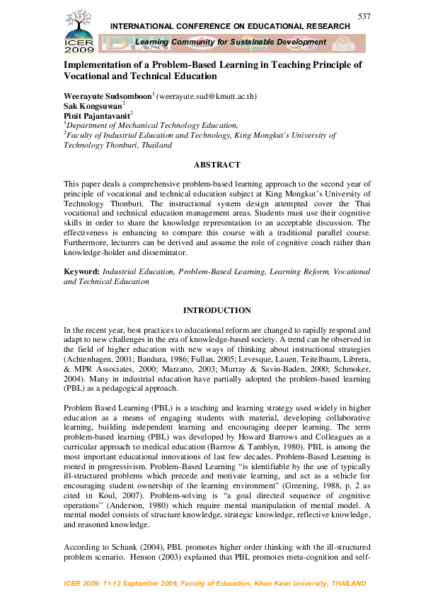 Pdf Implementation Of A Problem Based Learning In Teaching Principle Of Vocational And