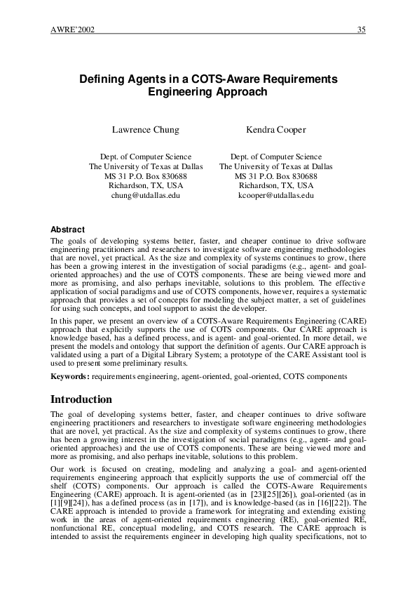 (PDF) Defining Agents in a COTS-Aware Requirements Engineering Approach