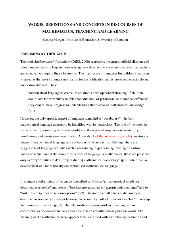 (PDF) Word, Definitions and Concepts In Discourses of Mathematics ...