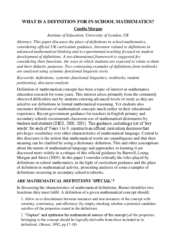(PDF) What is a Definition for In School Mathematics?