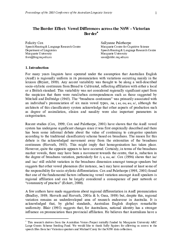 (PDF) The Border Effect: Vowel Differences across the NSW - Victorian ...