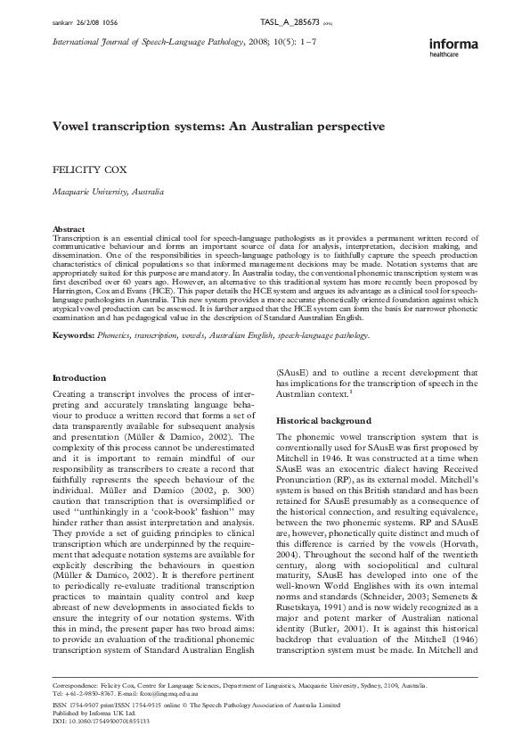 (PDF) Vowel transcription systems: An Australian perspective | Felicity ...