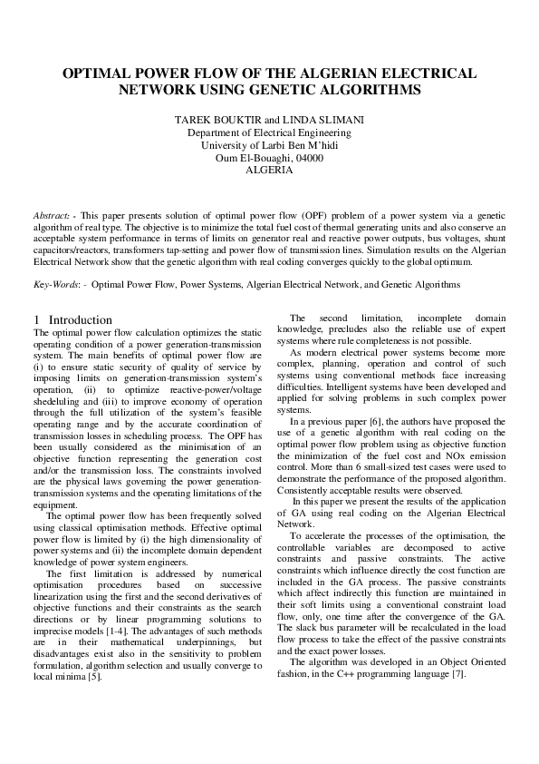 (PDF) OPTIMAL POWER FLOW OF THE ALGERIAN ELECTRICAL NETWORK USING GENETIC ALGORITHMS