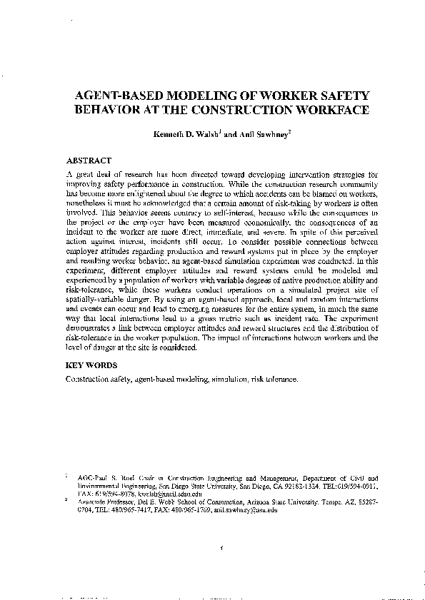 (PDF) Agent-Based Modeling of Worker Safety Behavior at the ...
