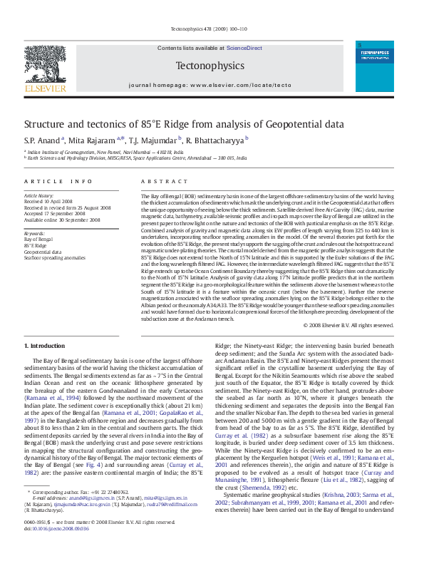 Structure and tectonics of 85°E Ridge from analysis of Geopotential data
