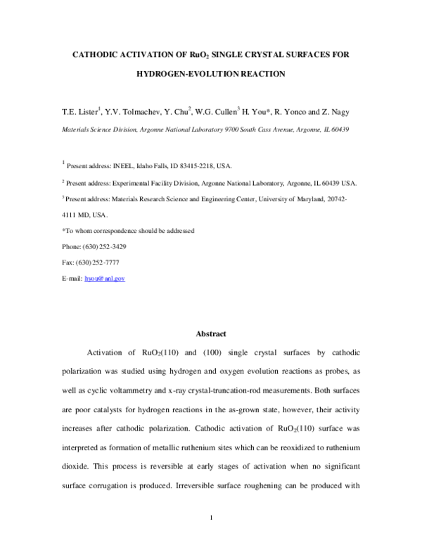 (PDF) CATHODIC ACTIVATION OF RuO2 SINGLE CRYSTAL SURFACES FOR HYDROGEN ...