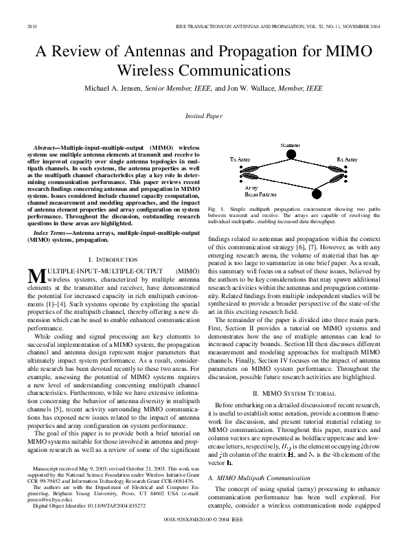 Pdf A Review Of Antennas And Propagation For Mimo Wireless Communications