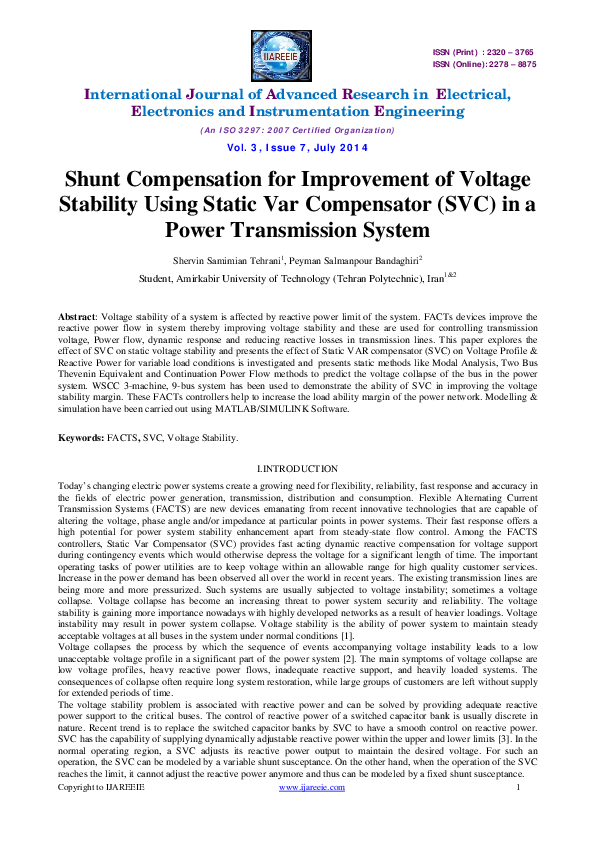 (PDF) Shunt Compensation for Improvement of Voltage Stability Using Static VAR Compensator (SVC ...
