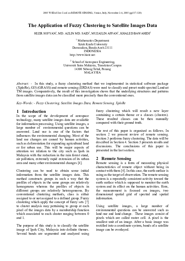 Pdf The Application Of Fuzzy Clustering To Satellite Images Data