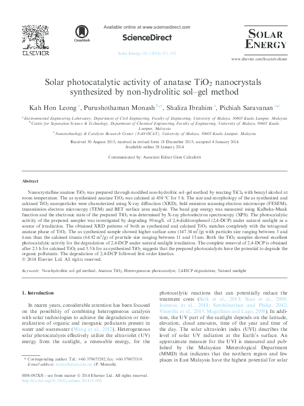 (PDF) Solar Photocatalytic Activity of Anatase TiO2 Nano Crystals Synthesized by Non-Hydrolitic ...
