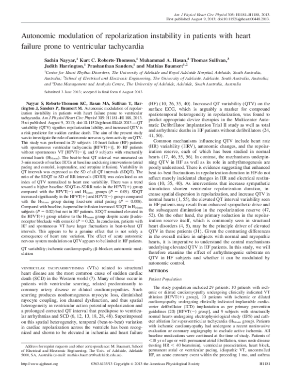 (PDF) Autonomic modulation of repolarization instability in patients with heart failure prone to ...