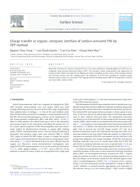 Charge transfer at organic–inorganic interface of surface-activated PbS ...