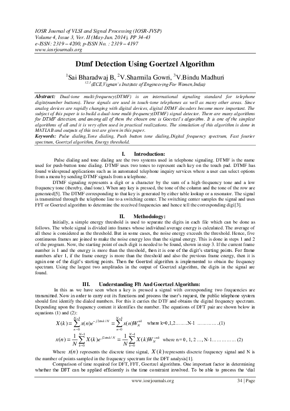 Pdf Dtmf Detection Using Goertzel Algorithm