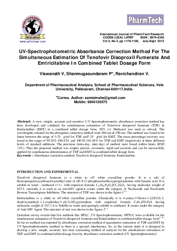 Pdf Uv Spectrophotometric Absorbance Corection Method For The Simultaneous Estimation Of