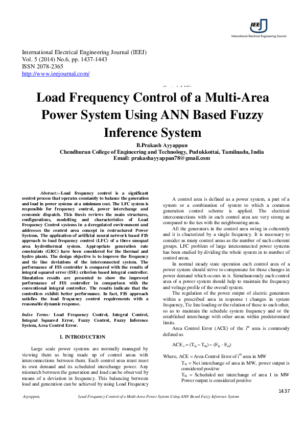 Pdf Control Lfc Load Frequency Control Of A Multi Area Power System Using Ann Based Fuzzy