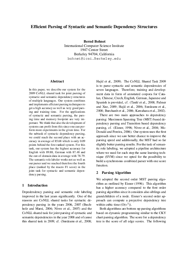 Pdf Efficient Parsing Of Syntactic And Semantic Dependency Stru Ctures Bernd Bohnet