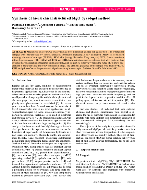 Article Nano Bulletin Synthesis Of Hierarchical Structured Mgo By Sol