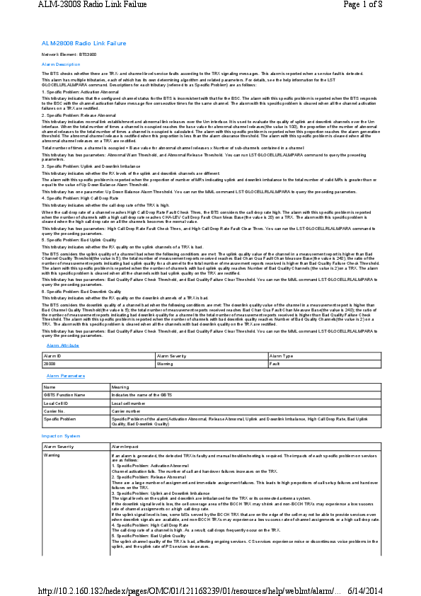 (PDF) Radio Link Failure Network Element: BTS3900 Alarm Description