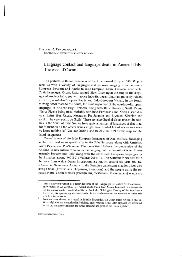 Language contact and language death in Ancient Italy: The case of Oscan