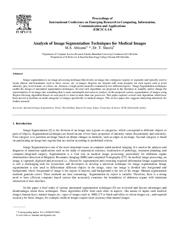 (PDF) Analysis of image Segmentation techniques for medical images