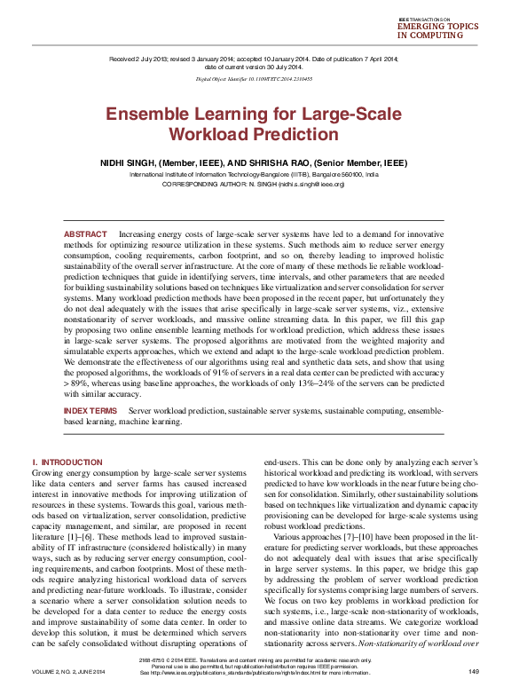 Pdf Ensemble Learning For Large Scale Workload Prediction