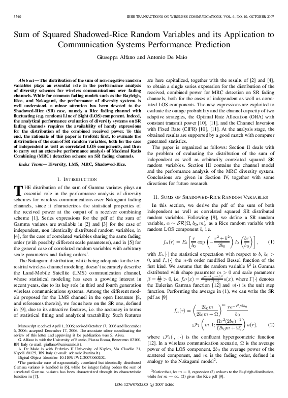Pdf Sum Of Squared Shadowed Rice Random Variables And Its Application To Communication Systems