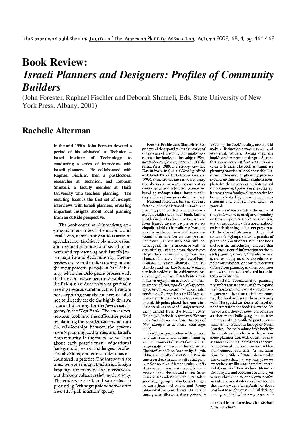 Review of : John Forester, Raphael Fischler, and Deborah Shmueli (Eds ...