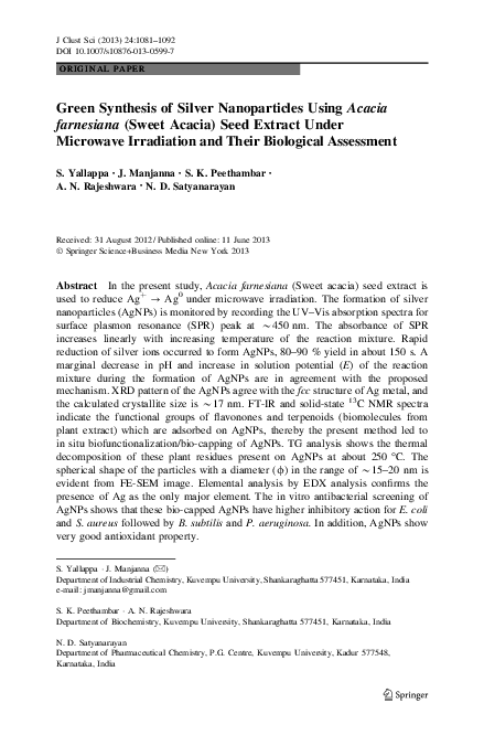 (PDF) Green Synthesis of Silver Nanoparticles Using Acacia farnesiana (Sweet Acacia) Seed ...