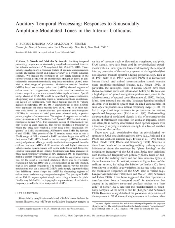 Pdf Auditory Temporal Processing Responses To Sinusoidally Amplitude Modulated Tones In The
