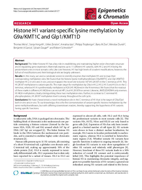 (PDF) Histone H1 variant-specific lysine methylation by G9a/KMT1C and ...