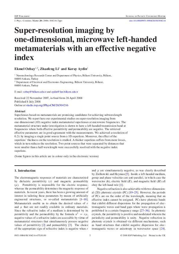 (PDF) Super-Resolution Imaging by One-Dimensional, Microwave Left-Handed Metamaterials With An ...