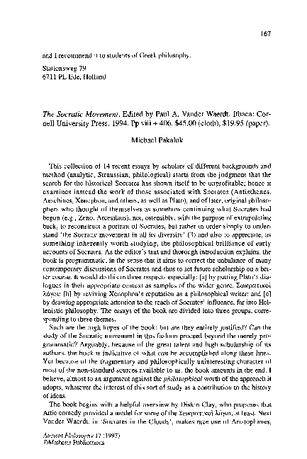 (PDF) Review of The Socratic Movement by Michael Pakuluk, Ancient ...