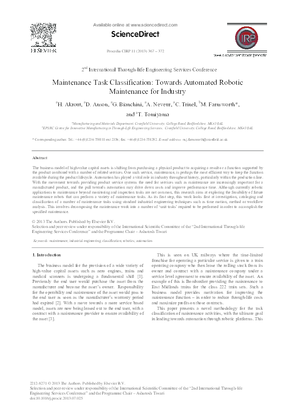 Pdf Maintenance Task Classification Towards Automated Robotic